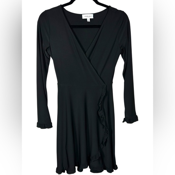 Gilli | Dresses | Gilli Black V Neck Faux Wrap Ruffle Balletcore Stitch ...